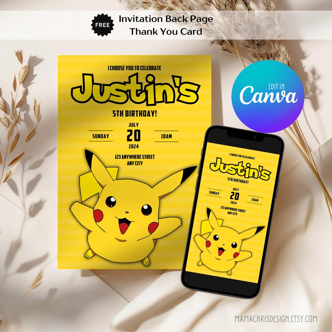 Pikachu Birthday Invitation, Printable Birthday Invitation, Editable ...