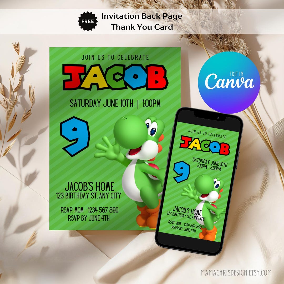 Yoshi Birthday Invitation, Printable Birthday Invitation, Editable ...