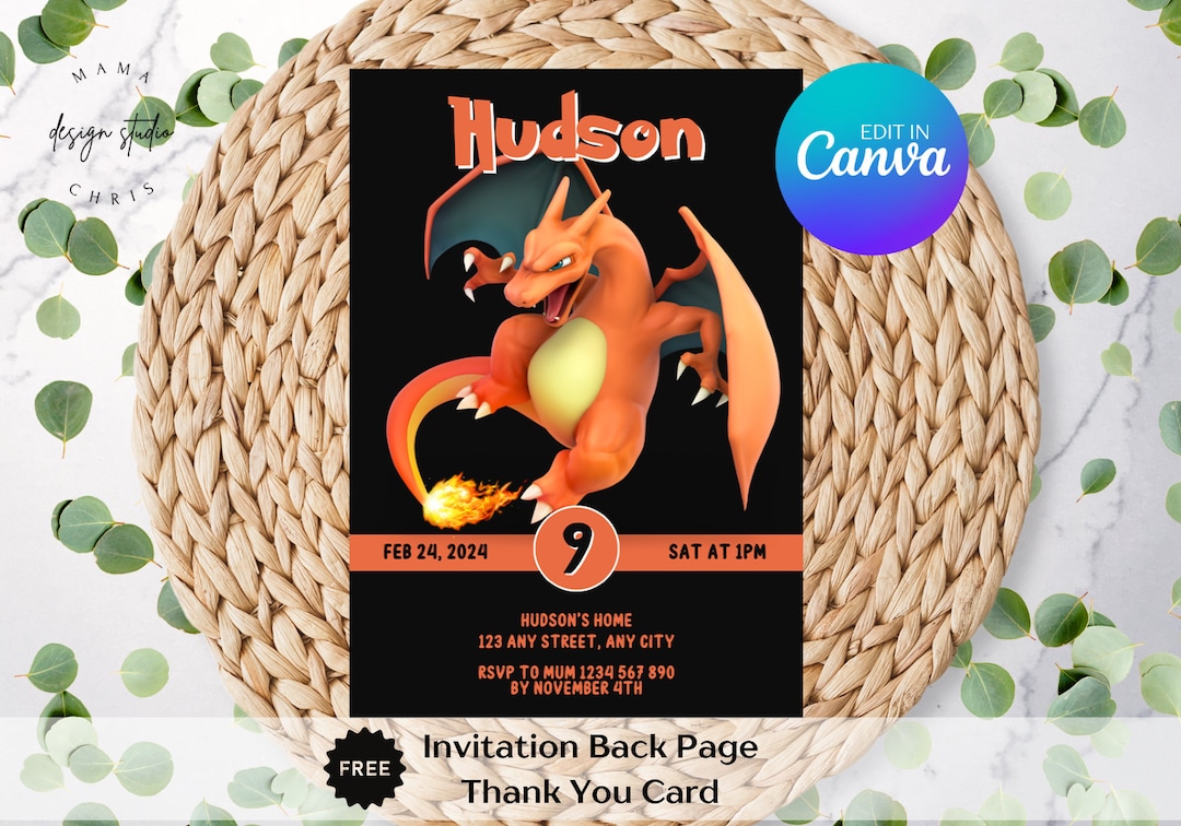 Charizard Birthday Invitation Printable Invitation Thank You Card ...