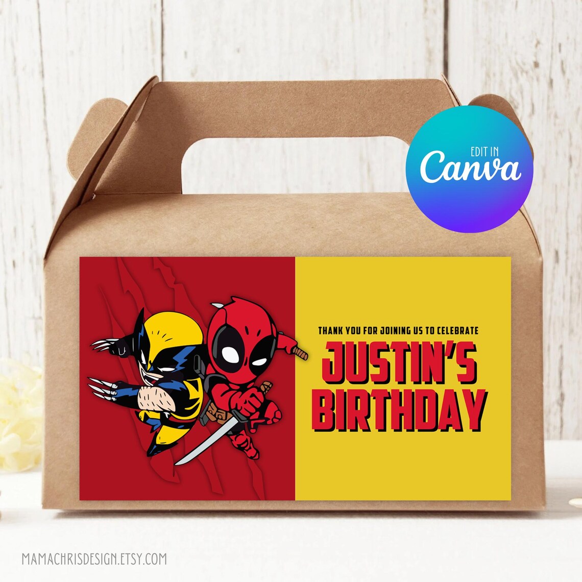 Deadpool & Wolverine Gable Box Label Editable, Deadpool Favour Box ...