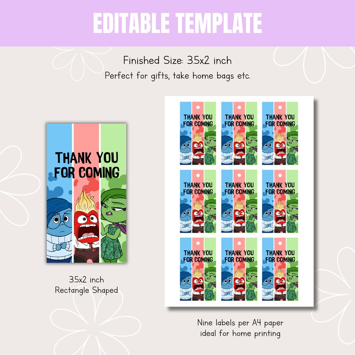 Inside Out Favour Tag, Thank You Tag Template, Editable Favour Tag ...