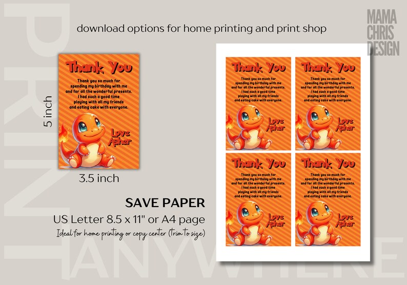 Charmander Invitation Printable and Mobile Invitation Thank You Card ...