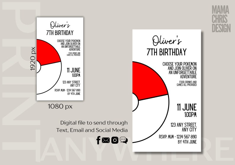 Poke Ball Birthday Invitation, Printable Birthday Invitation, Editable ...
