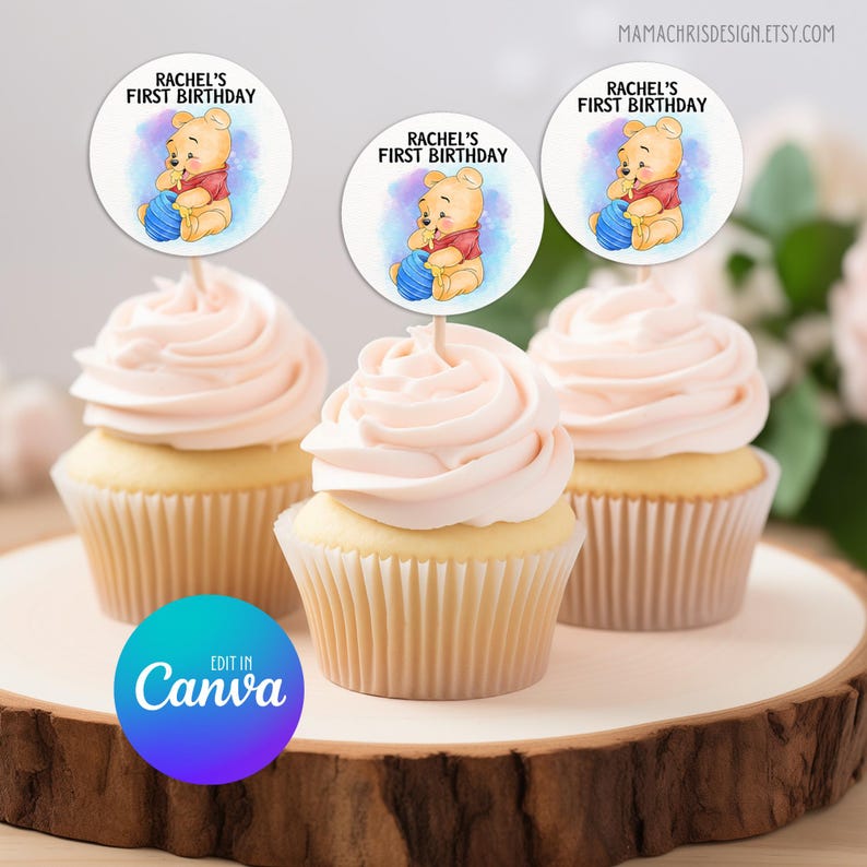 Winnie the Pooh Cupcake Topper, Printable Cupcake Topper, Editable ...
