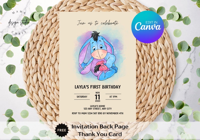 Eeyore Birthday Invitation Printable Invitation Thank You Card Editable ...