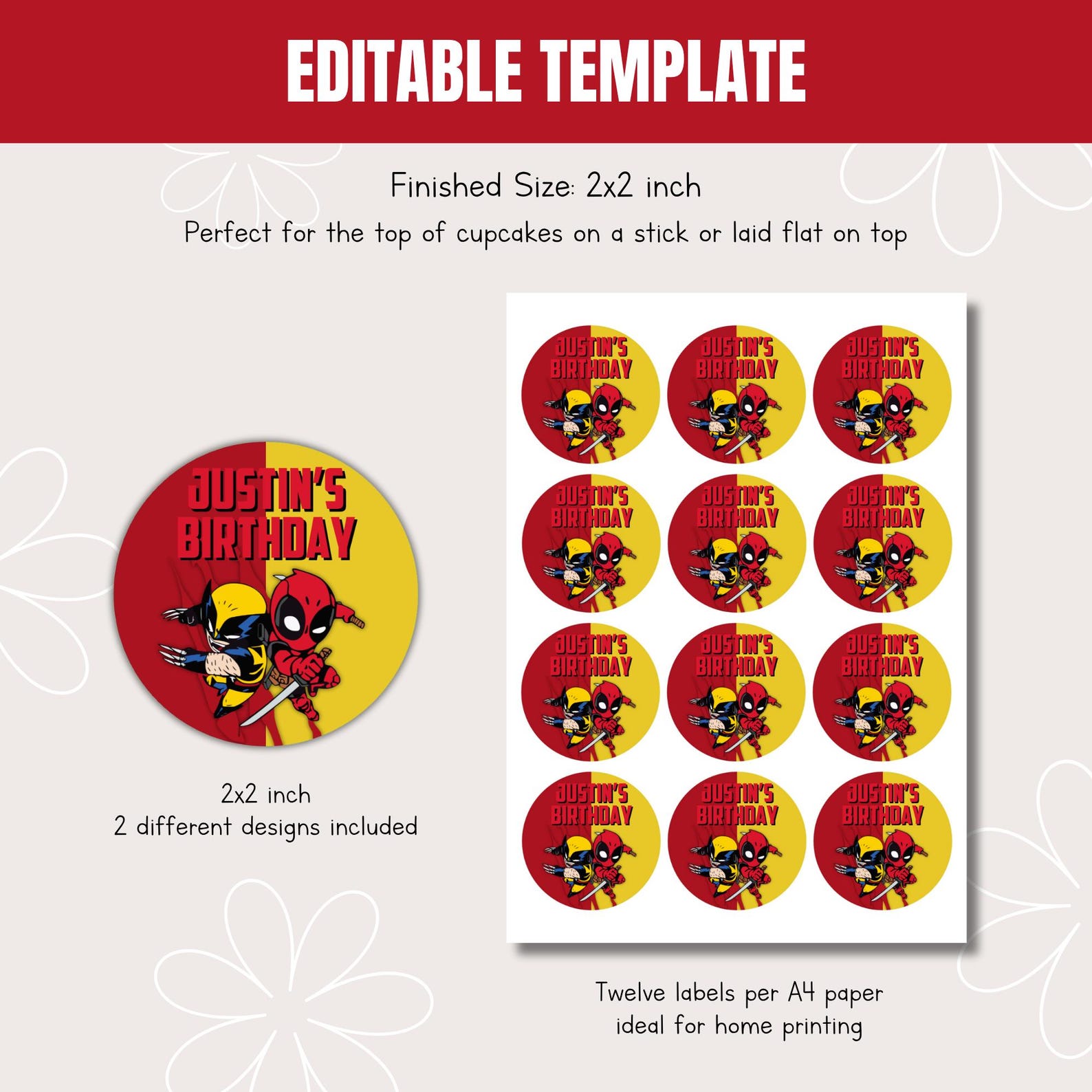 Deadpool & Wolverine Cupcake Topper, Printable Cupcake Topper, Editable ...