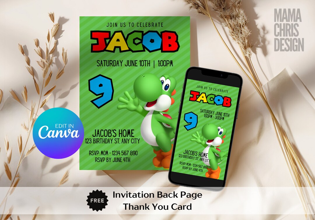 Yoshi Birthday Invitation, Printable Birthday Invitation, Editable ...