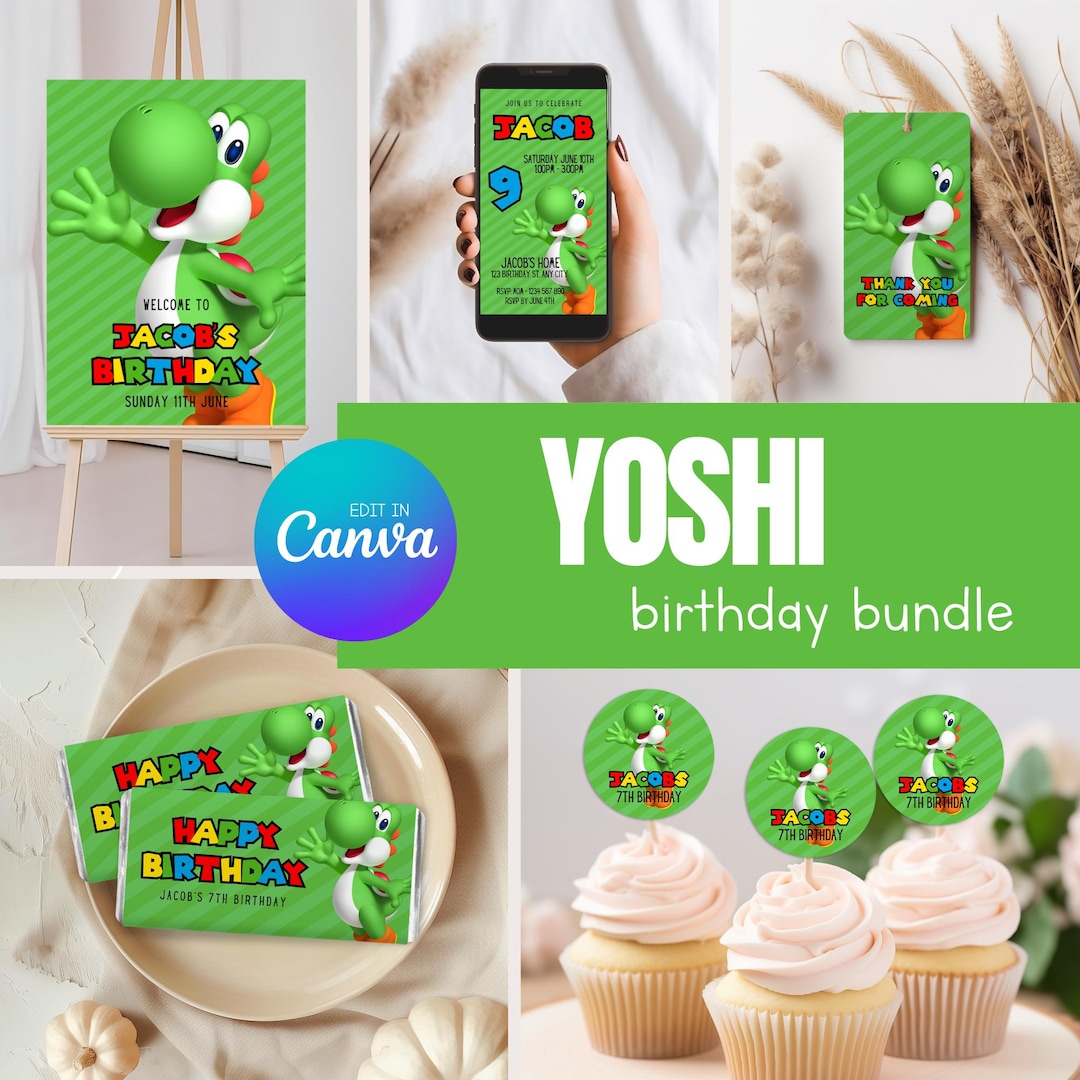Yoshi Birthday Party Bundle Template, Editable Birthday Party Bundle ...