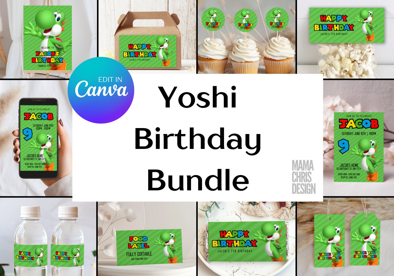 Yoshi Birthday Party Bundle Template, Editable Birthday Party Bundle ...