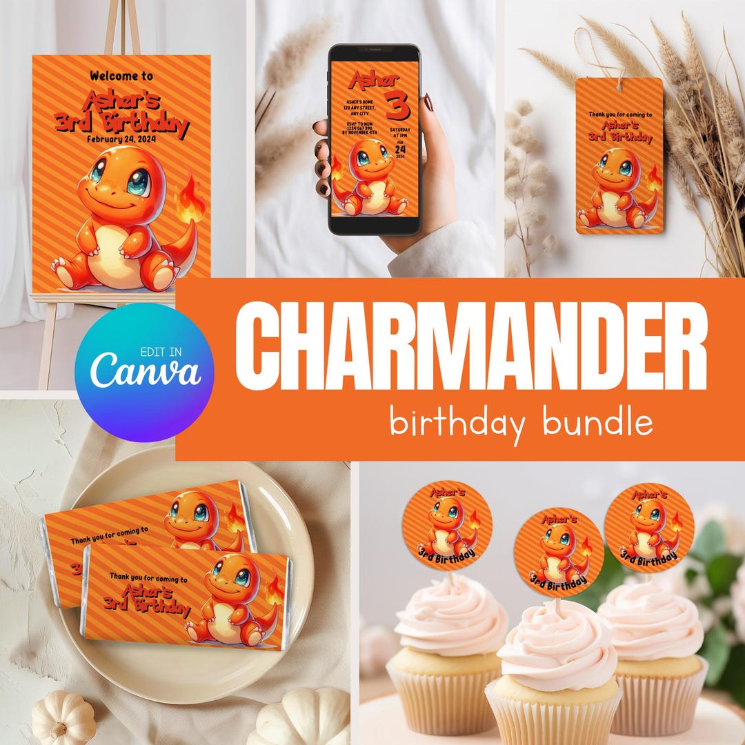 Charmander Birthday Party Bundle Template, Editable Birthday Party ...