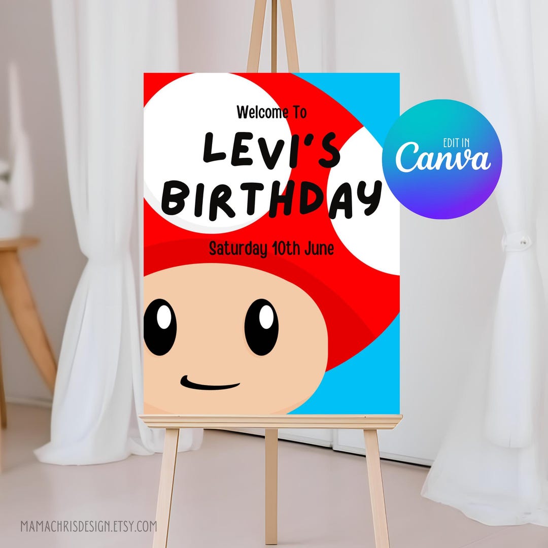Toad Welcome Sign Template, Editable Mario Birthday Easel Sign ...