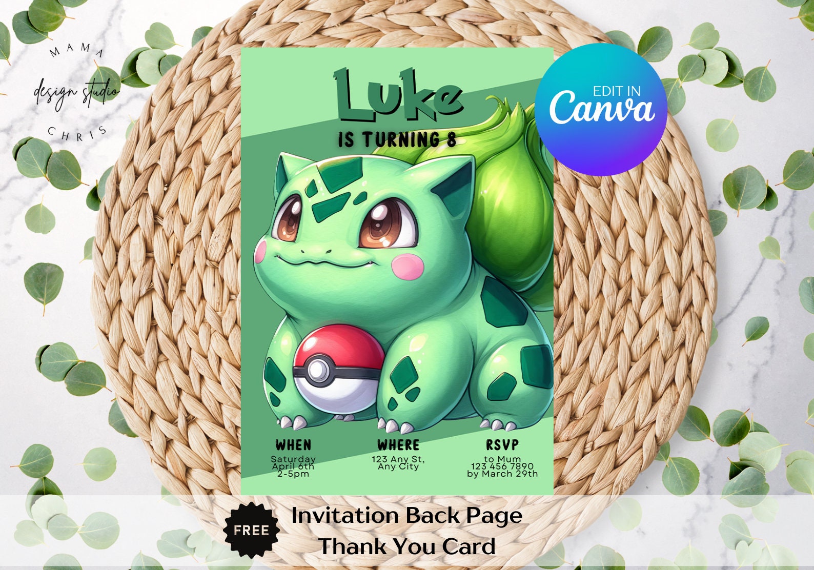 Bulbasaur Birthday Invitation Printable Invitation Thank You Card ...