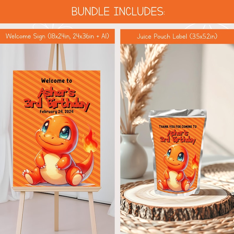 Charmander Birthday Party Bundle Template, Editable Birthday Party ...