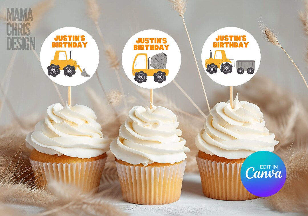 Construction Cupcake Topper, Printable Cupcake Topper, Editable ...