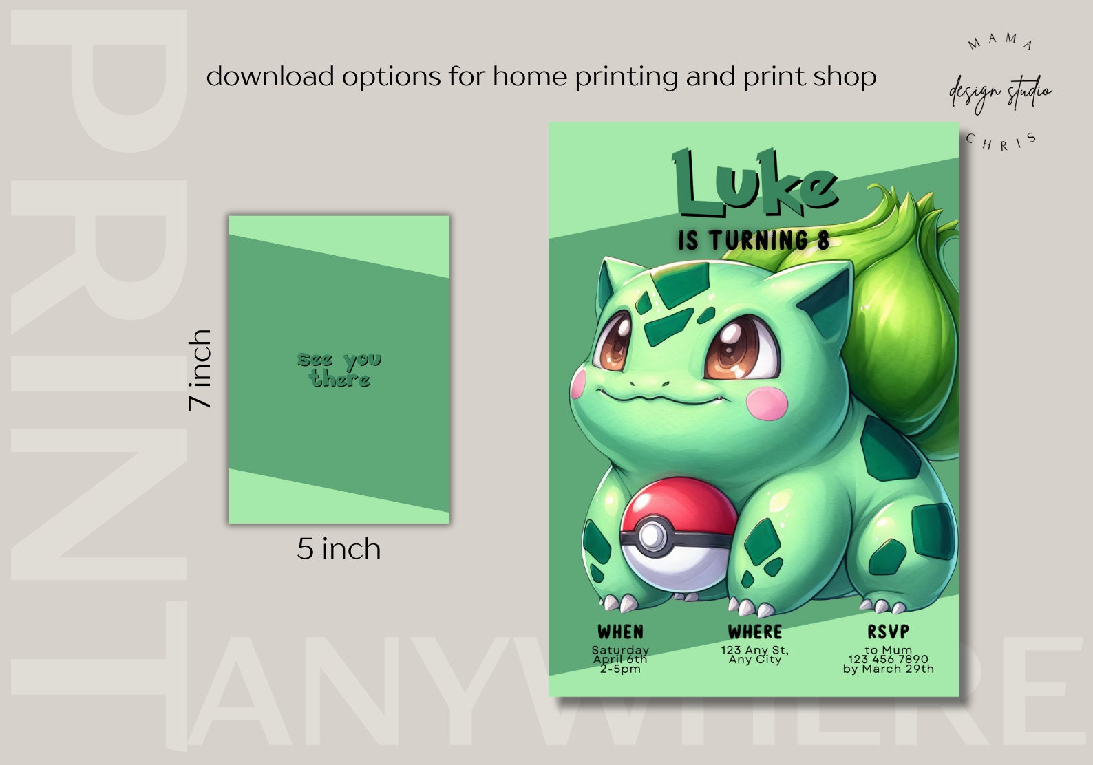 Bulbasaur Birthday Invitation Printable Invitation Thank You Card ...