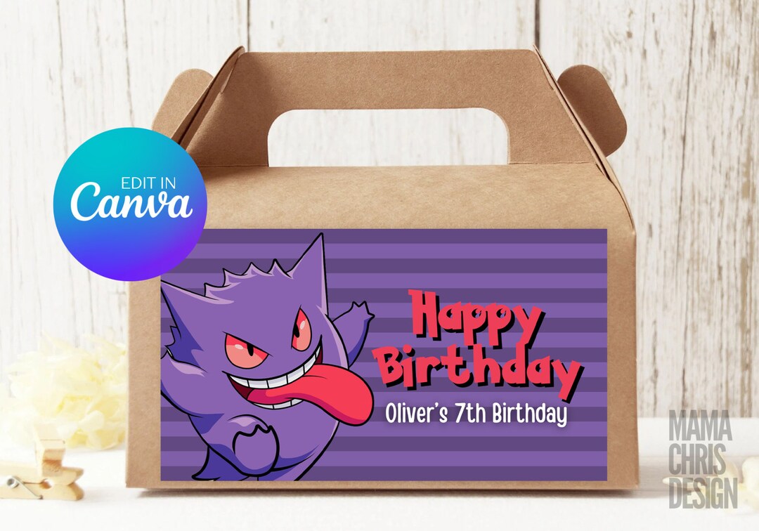 Gengar Gable Box Label Editable, Pokemon Favour Box Sticker Template ...