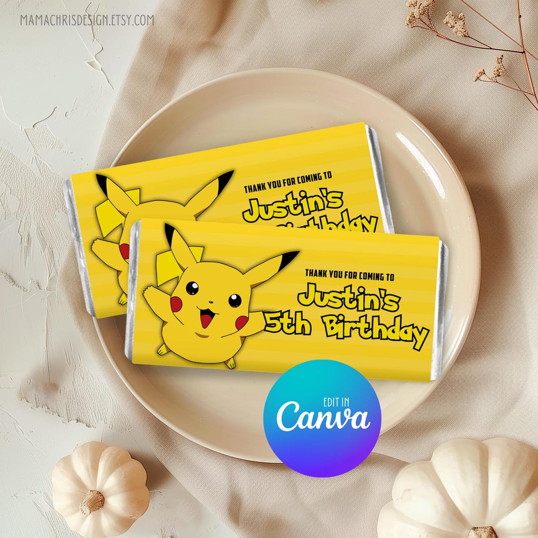 Pikachu Chocolate Bar Wrapper, Editable Party Favour, Personalised ...