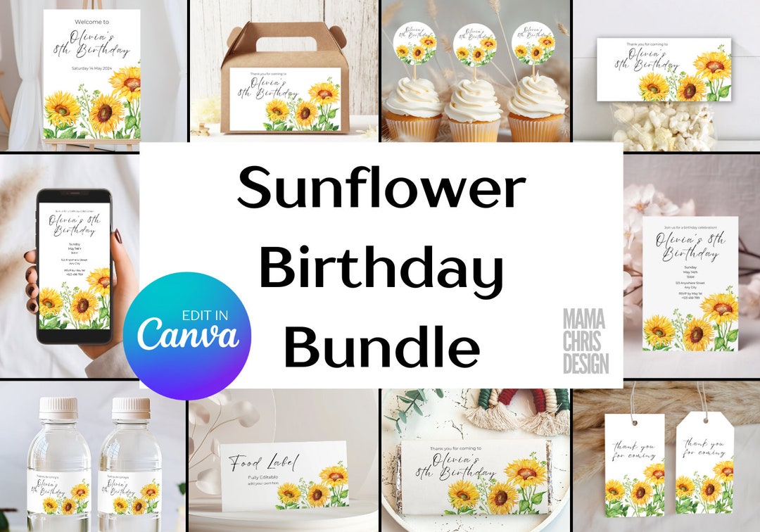 Sunflower Birthday Bundle Printable Birthday Bundle Editable Templates ...