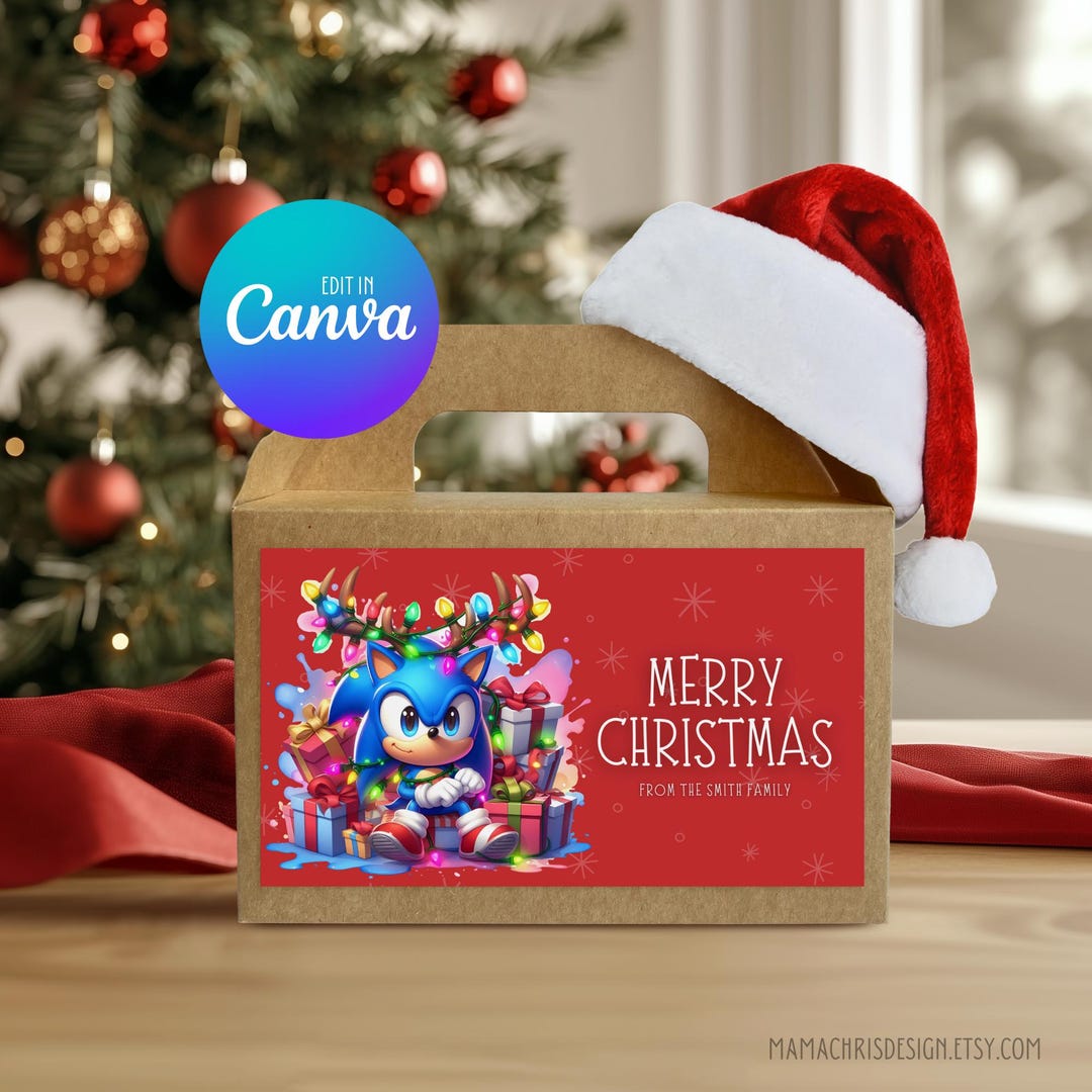 Christmas Sonic Gable Box Label Editable, Christmas Favour Box Sticker ...