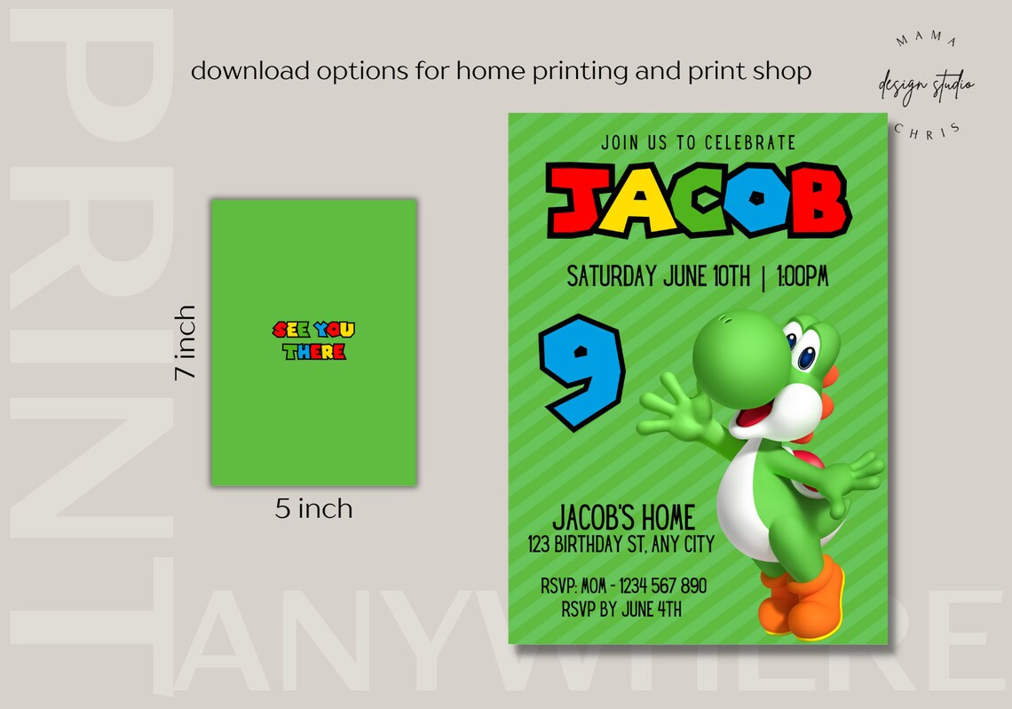 Yoshi Birthday Invitation Printable Invitation Thank You Card Editable ...