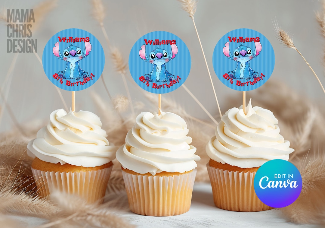 Stitch Cupcake Topper, Printable Cupcake Topper, Editable Template ...