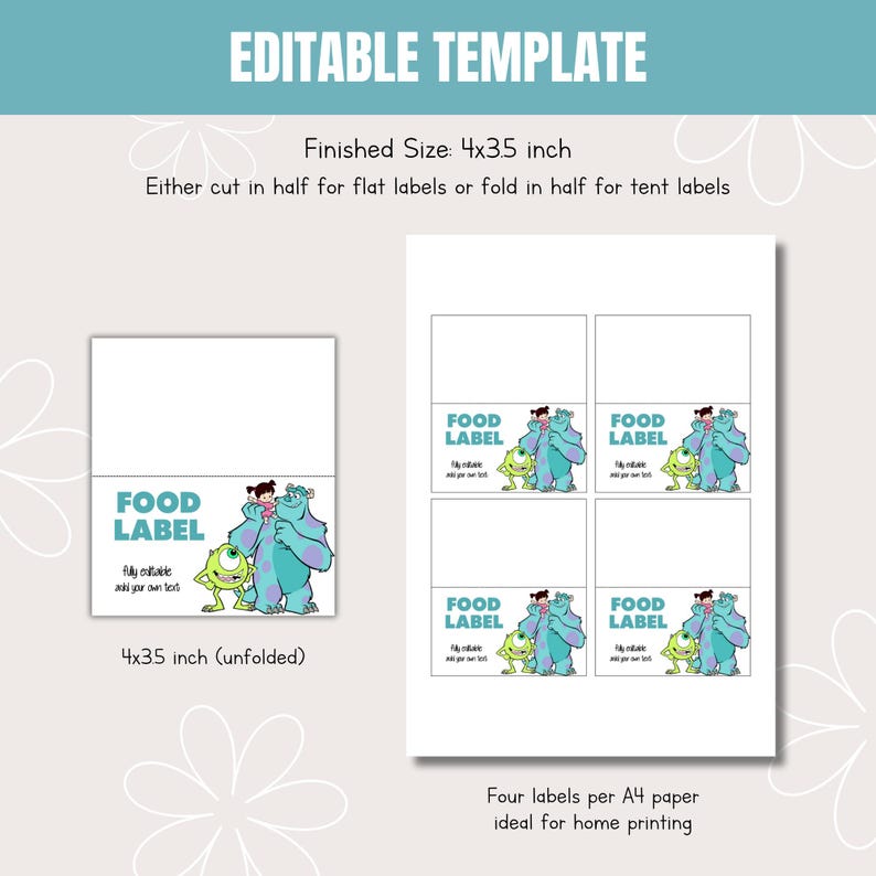 Monsters Inc. Food Label, Birthday Party Food Tent Cards, Monsters Inc ...