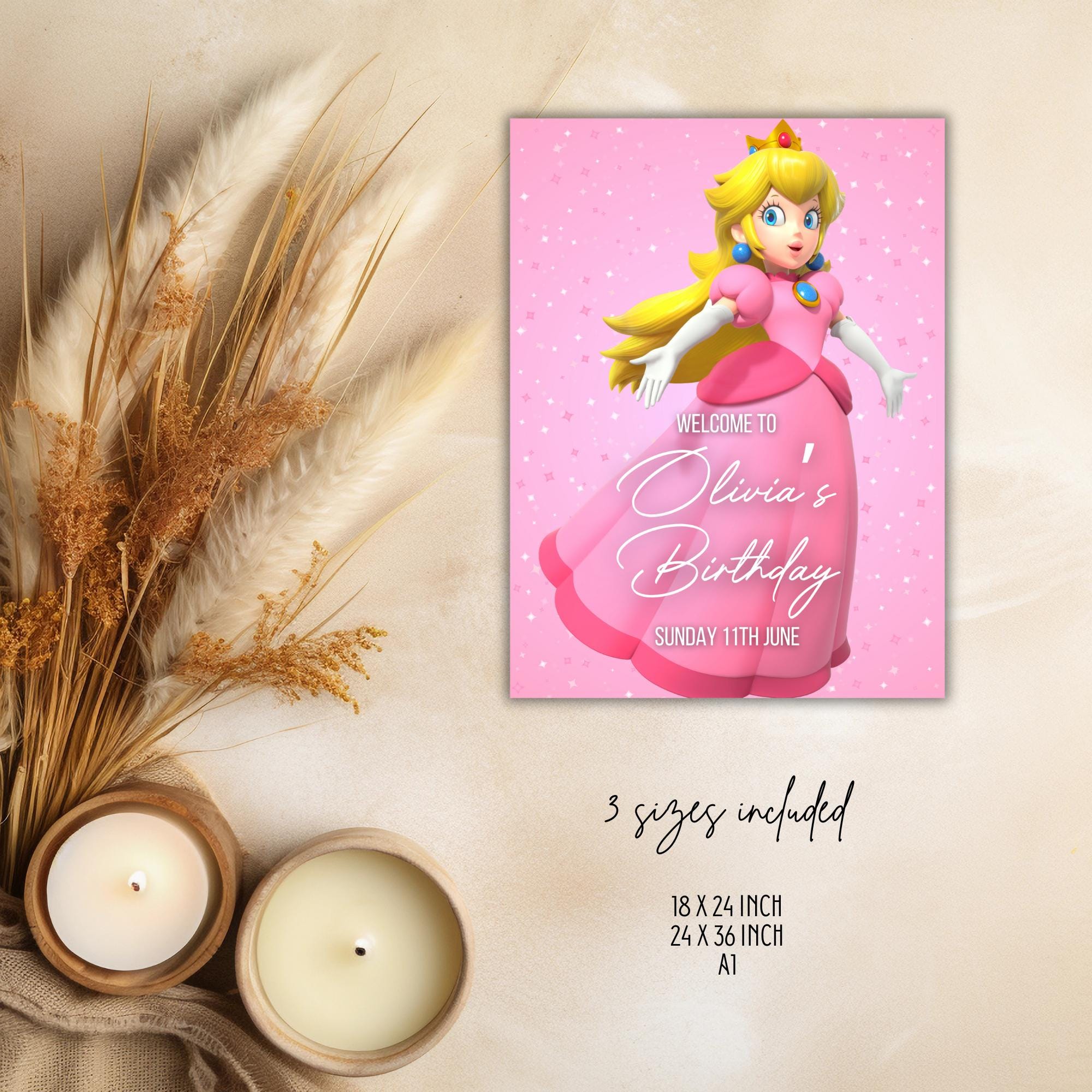 Princess Peach Welcome Sign Template, Editable Mario Birthday Easel ...
