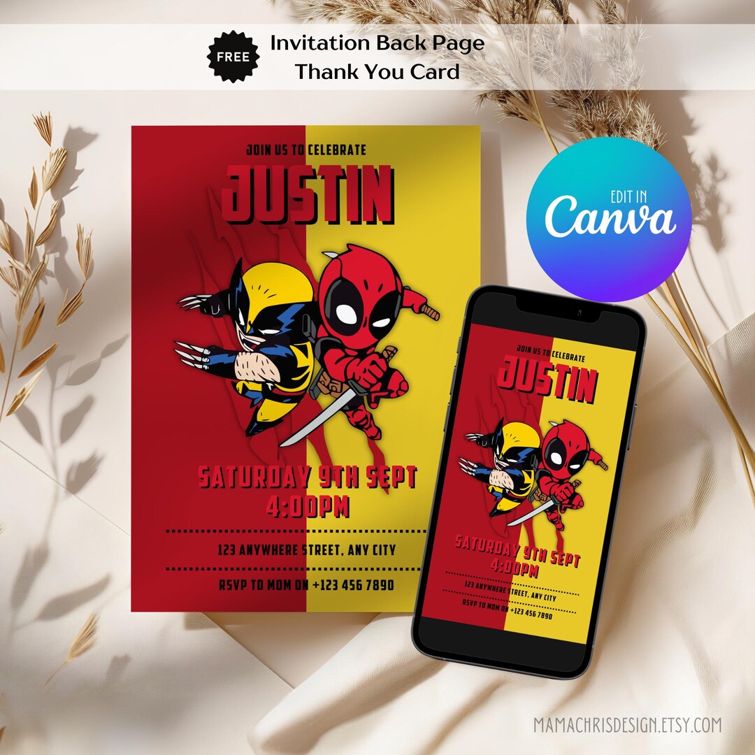 Deadpool & Wolverine Birthday Invitation, Printable Birthday Invitation ...
