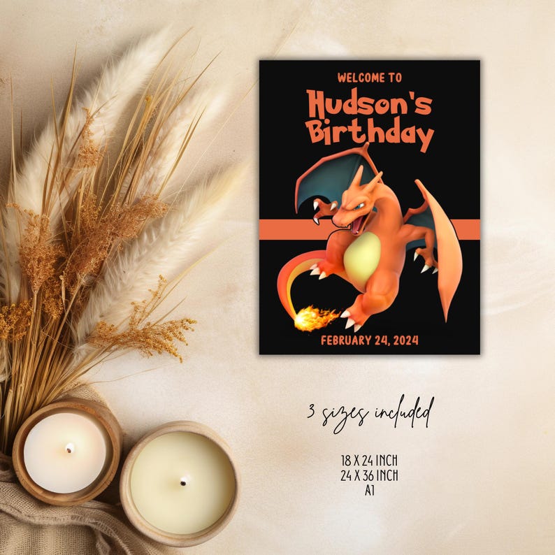 Charizard Welcome Sign Template, Editable Pokemon Birthday Easel Sign ...