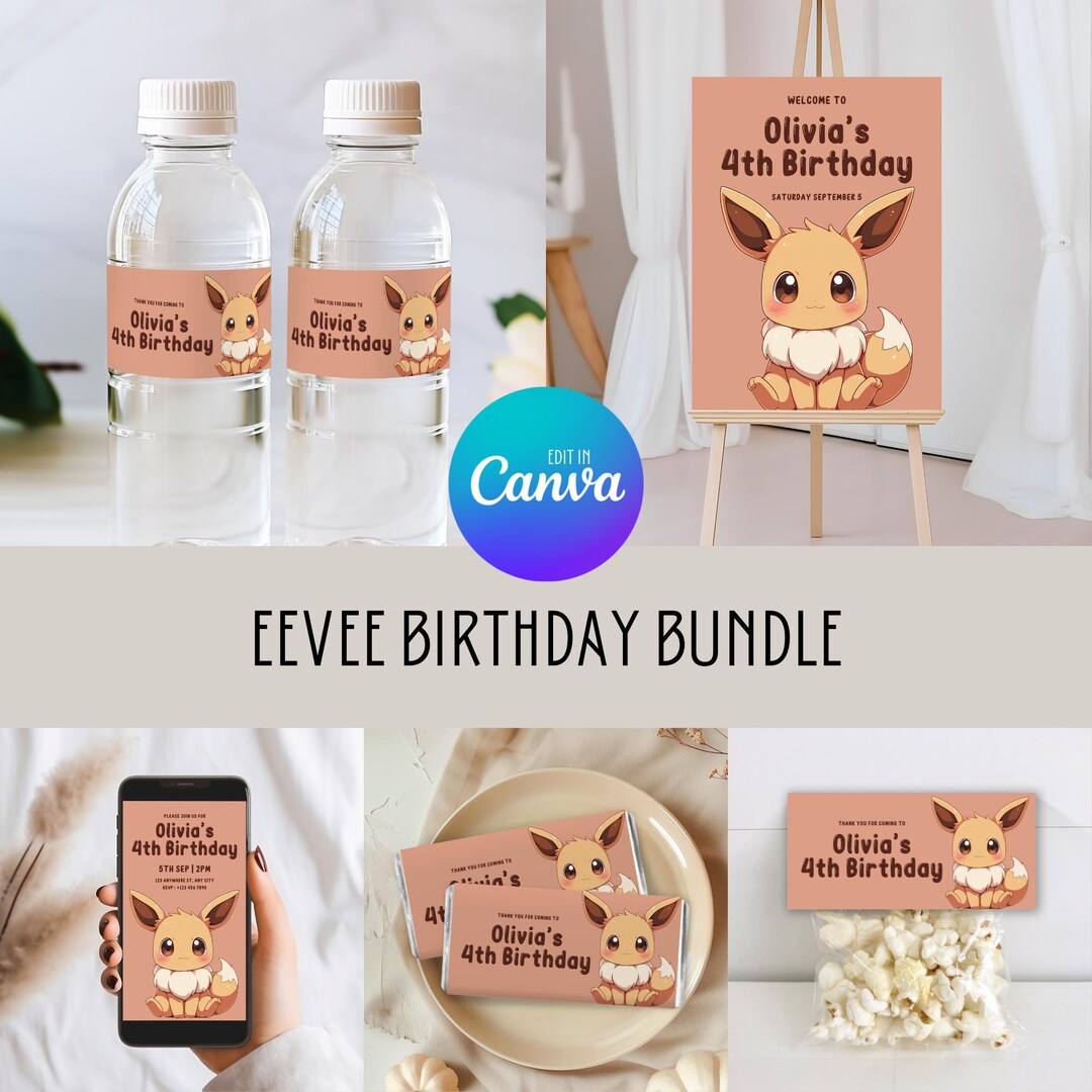 Eevee Birthday Party Bundle Template, Editable Birthday Party Bundle ...