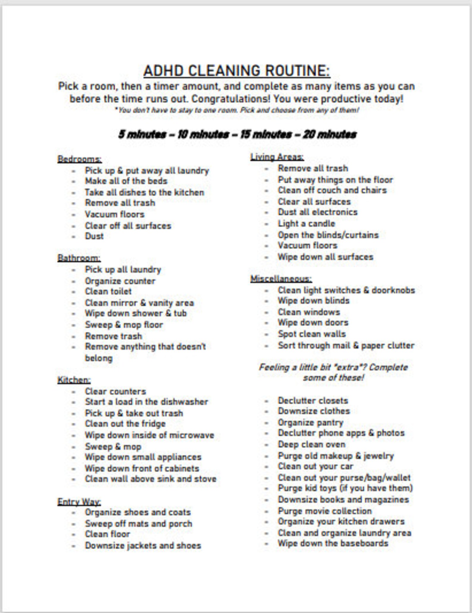 ADHD Cleaning Routine Checklist | PDF Instant Download - Etsy