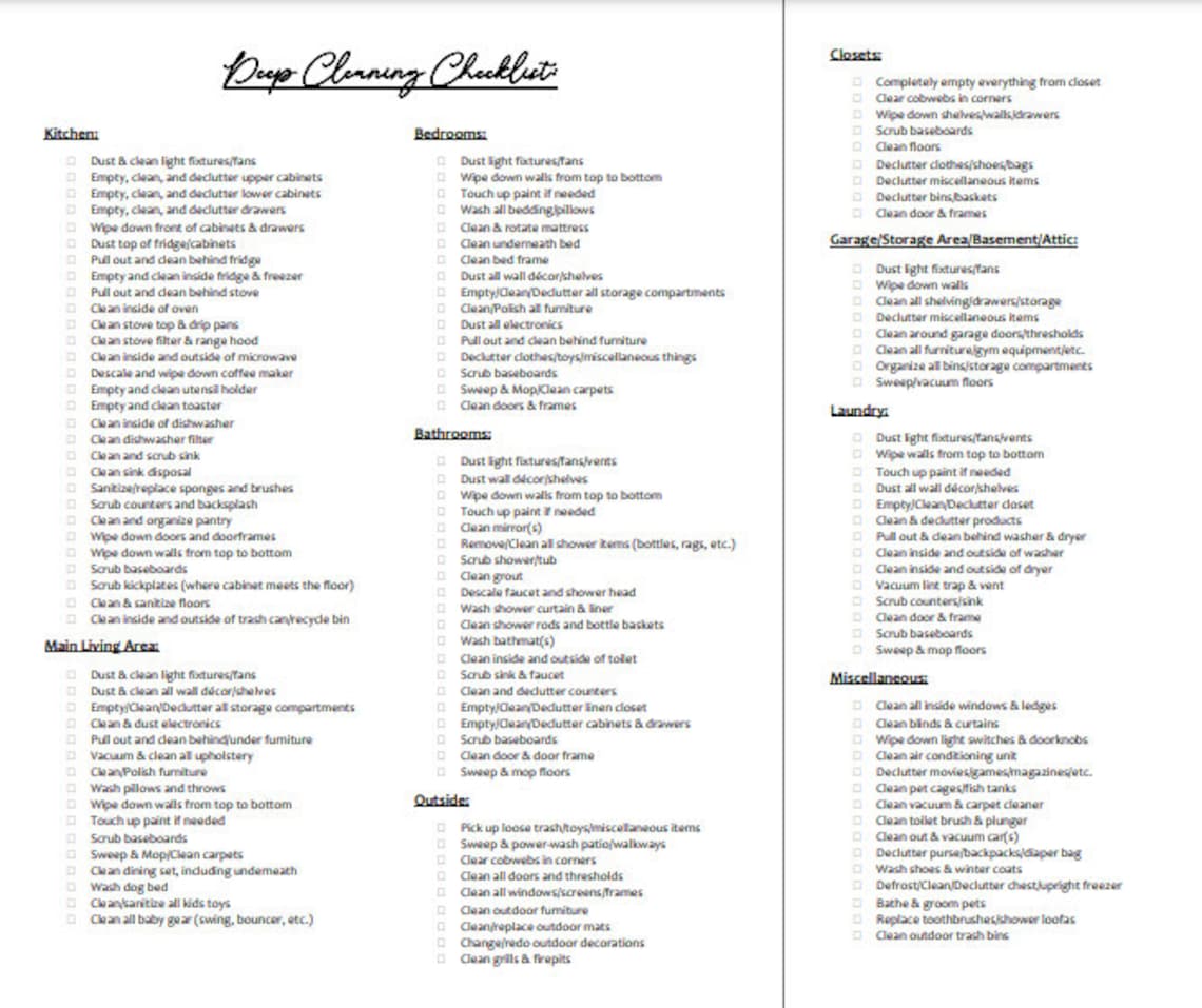 Deep Cleaning Checklist - INSTANT DOWNLOAD PDF - Etsy