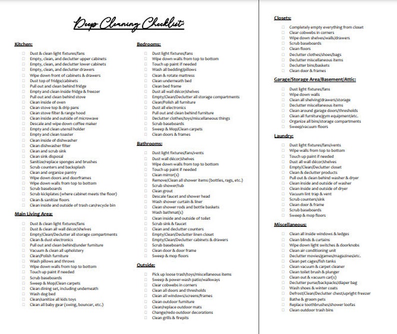Deep Cleaning Checklist - INSTANT DOWNLOAD PDF - Etsy