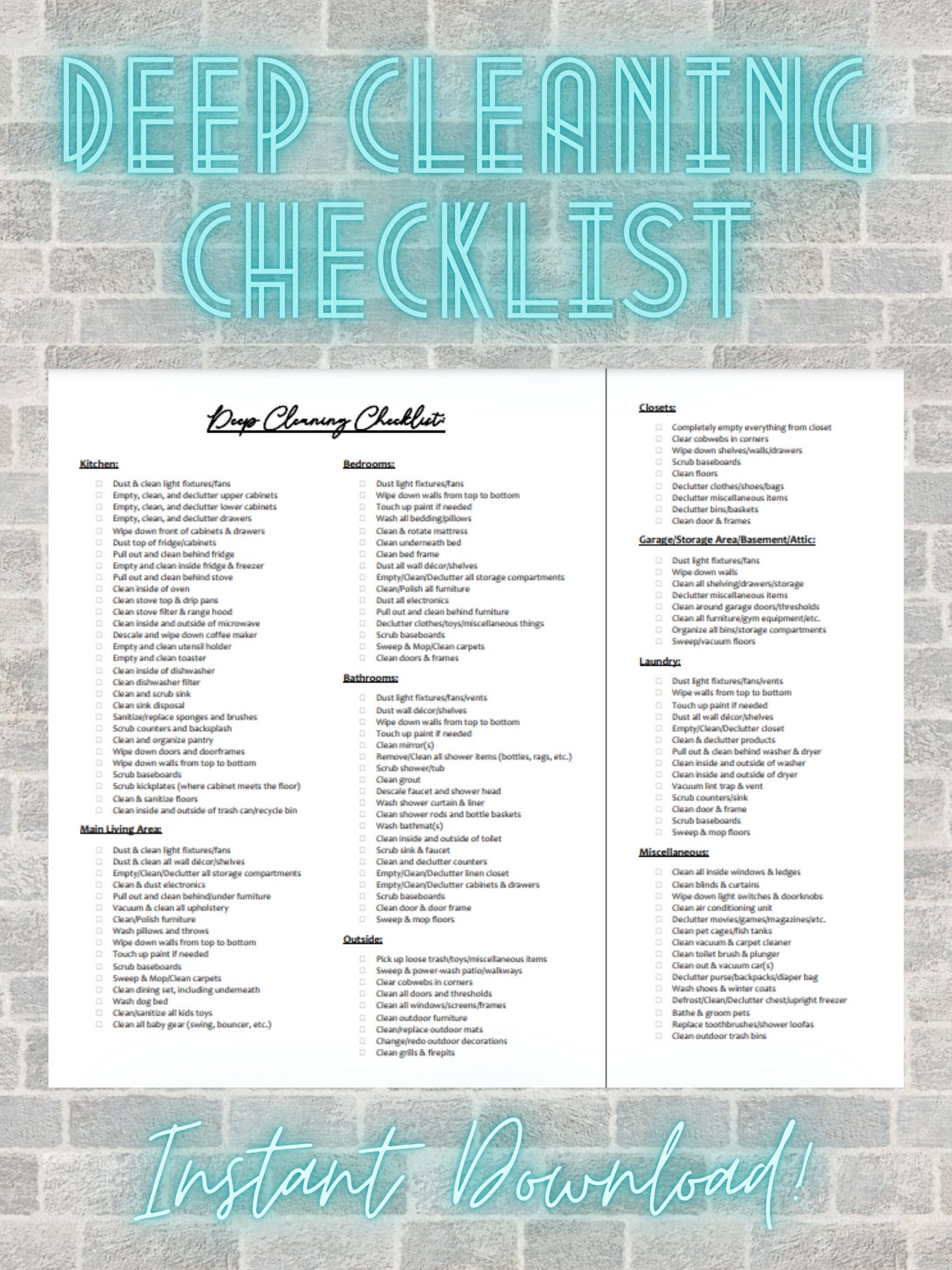 Deep Cleaning Checklist - INSTANT DOWNLOAD PDF - Etsy