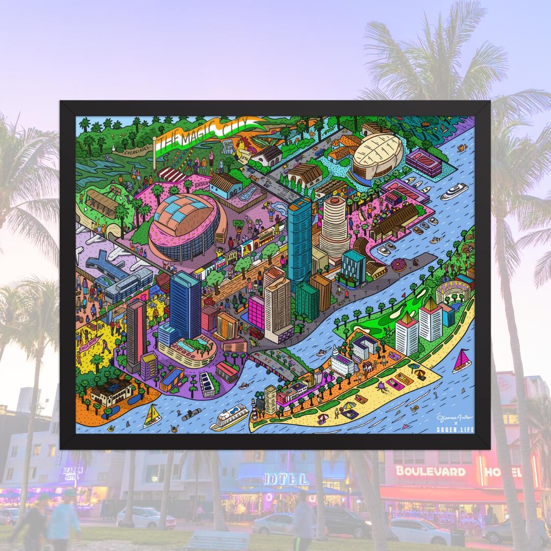Miami Life Story Art Print: Isometric, History + Landmarks, Hand-drawn ...