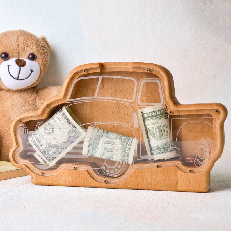 Personalized Wooden Vehicle Coin Bank for Kids – Custom Name Money Bank ...