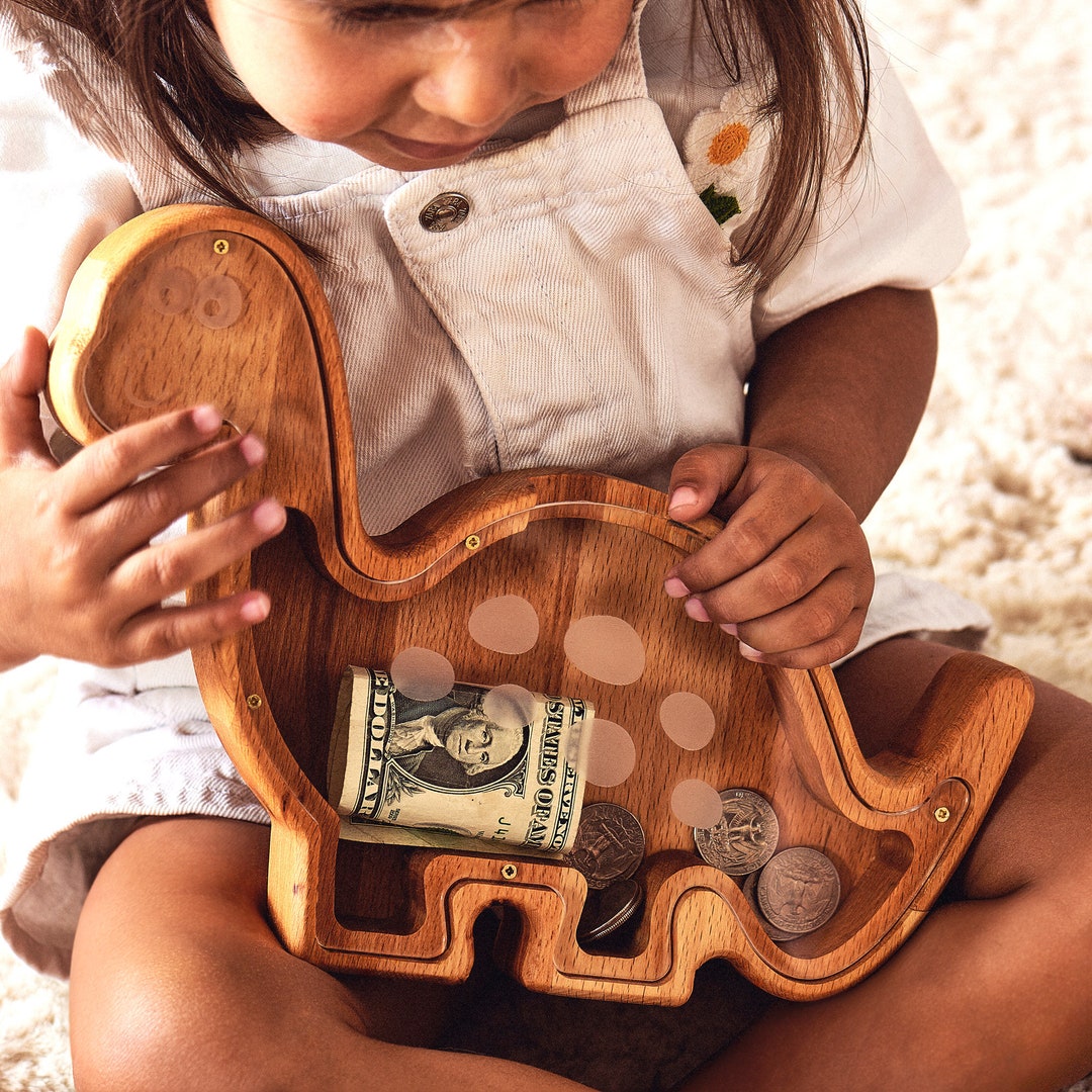 Handmade Dinosaur Coin Bank for Kids, Wooden Brontosaurus Money Box ...