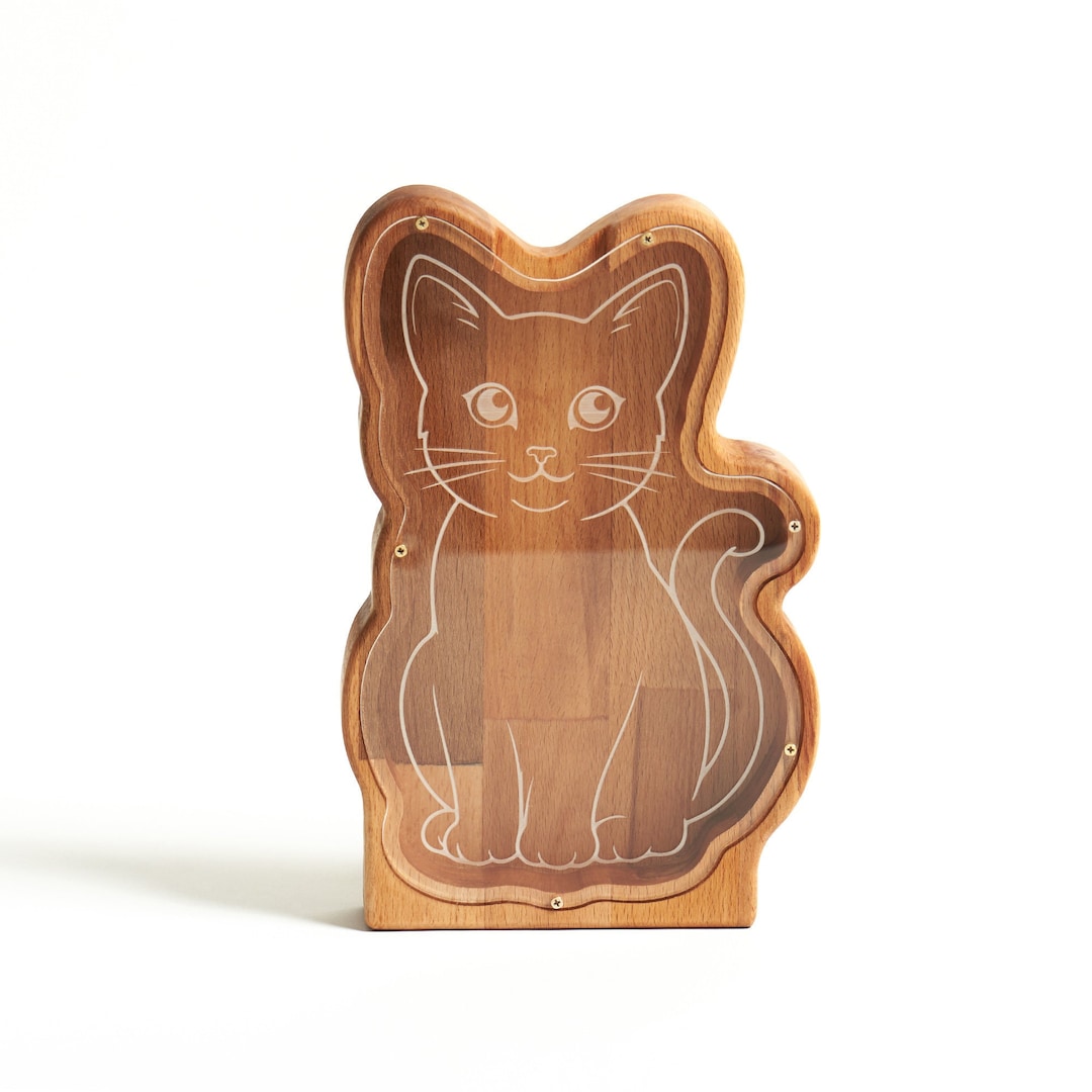 Natural Wood Cute Cat Piggy Bank, Animal Coin Bank, Baptism Gift Girl ...