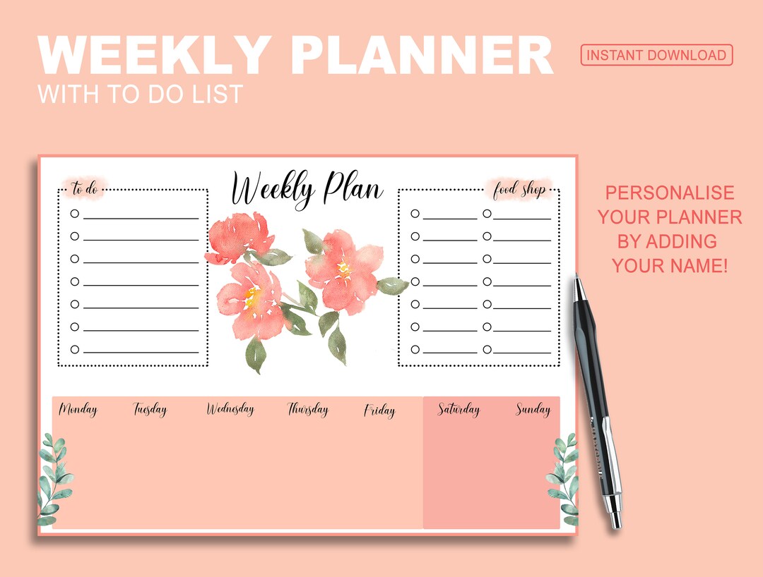 Floral Printable Weekly Planner A4 With to Do List Food Shop - Etsy