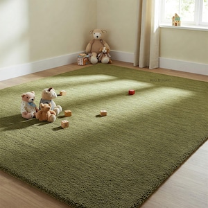 Olive Green Hand Tufted Wool Rug, Solid Modern Area Carpet for Bedroom ...