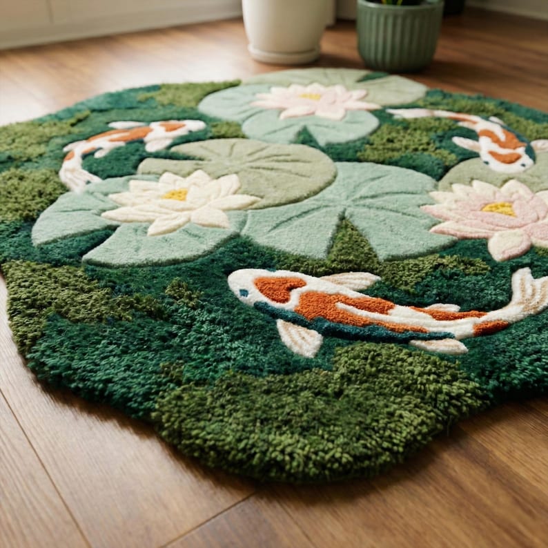 Moss Green Koi Fish Floral Wool Rug, Irregular Hand Tufted Nature Pond ...