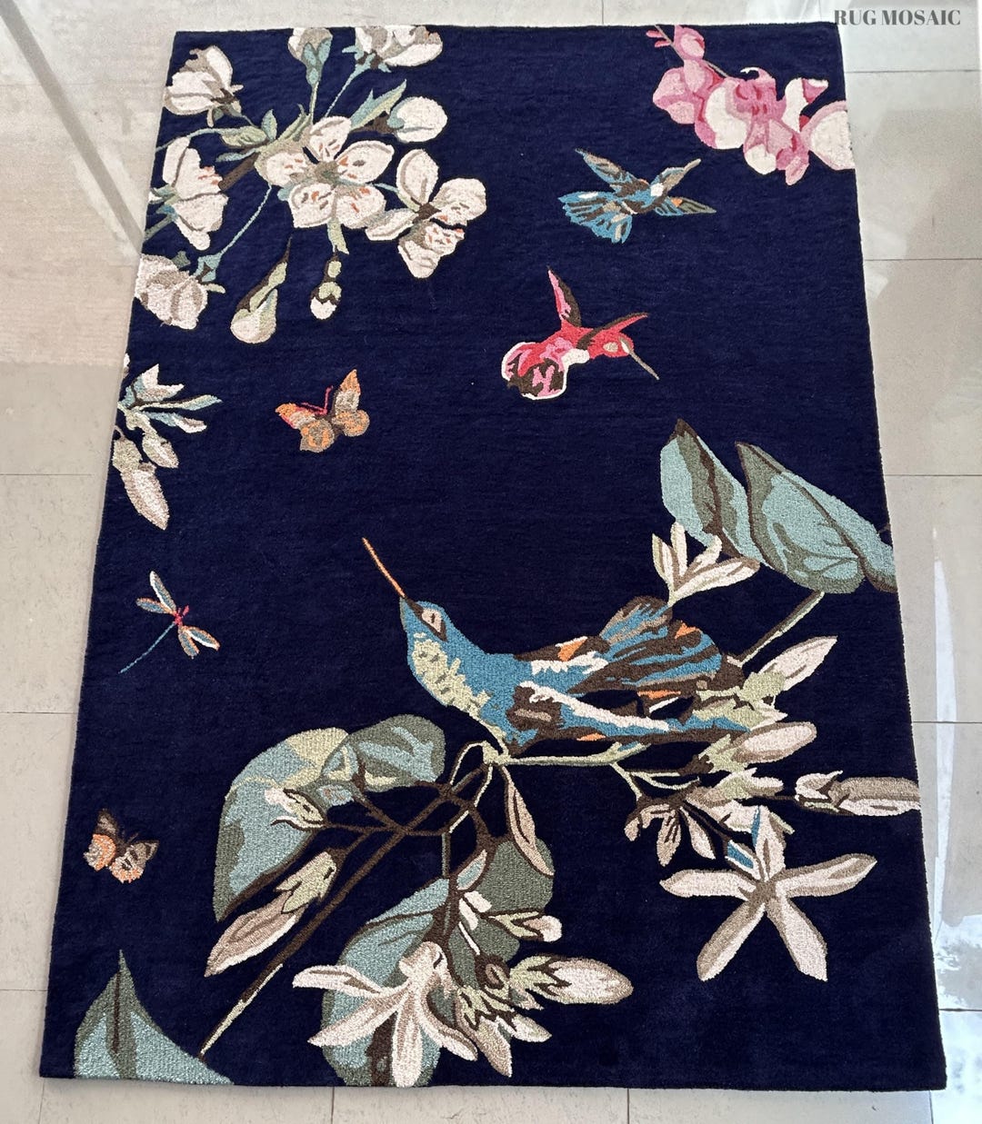 Birdsong Navy Blue Birds Floral Hand Tufted Rug 4x6, 5x7, 6x9, 8x10 ...