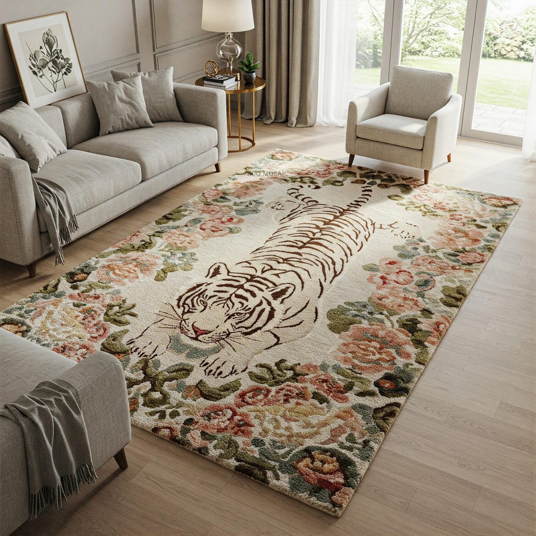 Cream Tufted Tiger and Pastel Floral Border Rug Animal Print Rug for ...