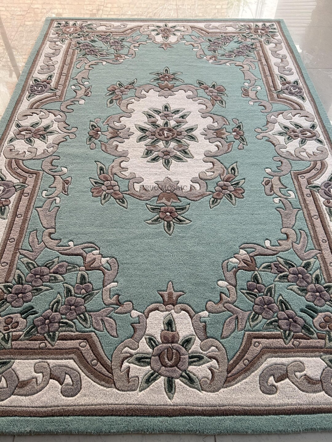 Sky Blue, off White, Light Brown and Dark Green Floral Hand Tufted Rug ...