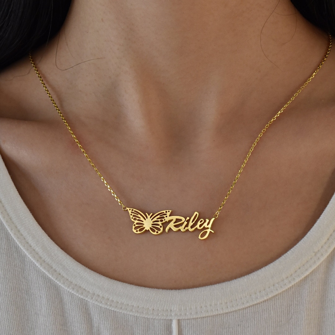 Name Necklace With Butterfly, Butterfly Necklace, Custom Charm Necklace ...