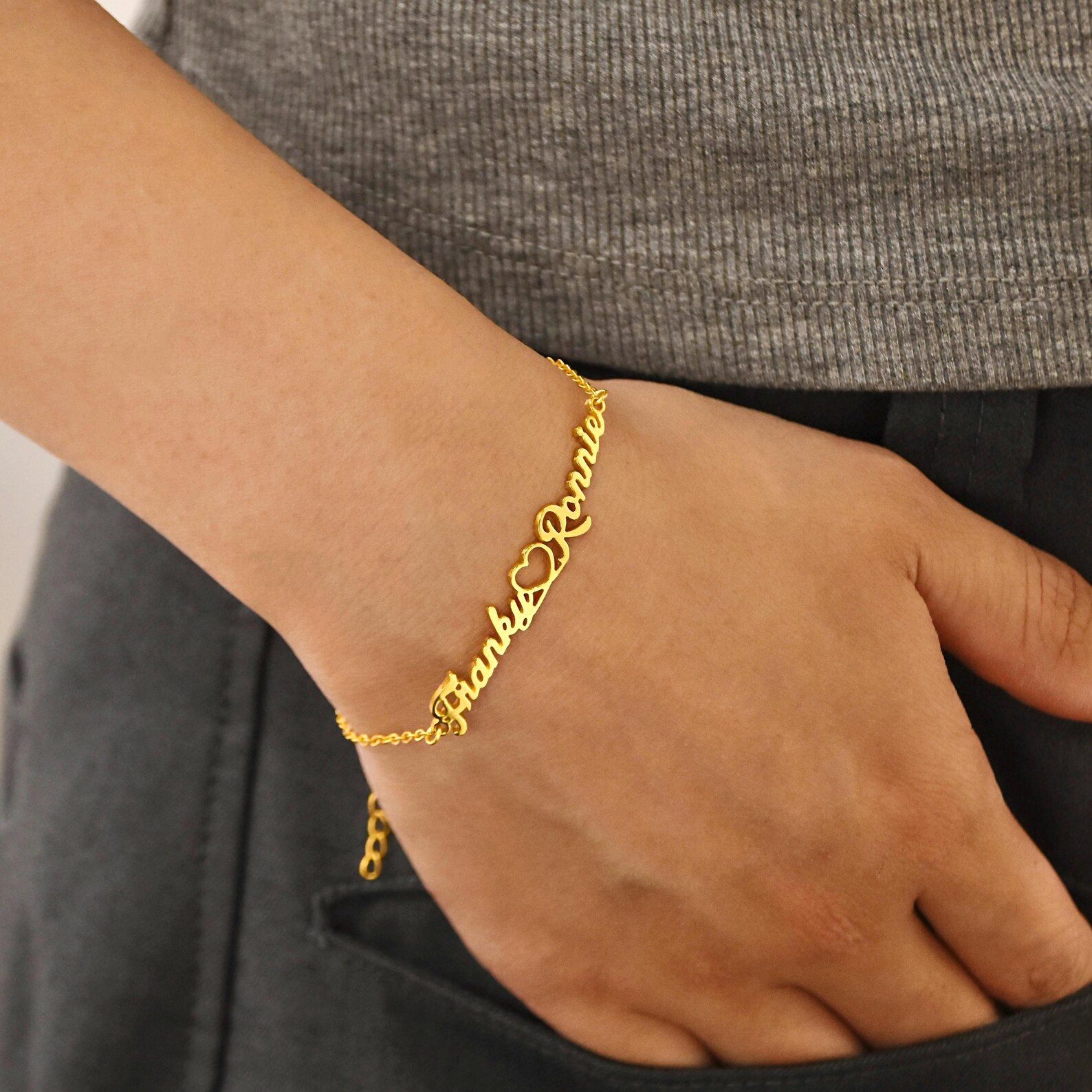 Double Name Bracelet, Two Name Bracelet With Heart, Kids Name Bracelet ...