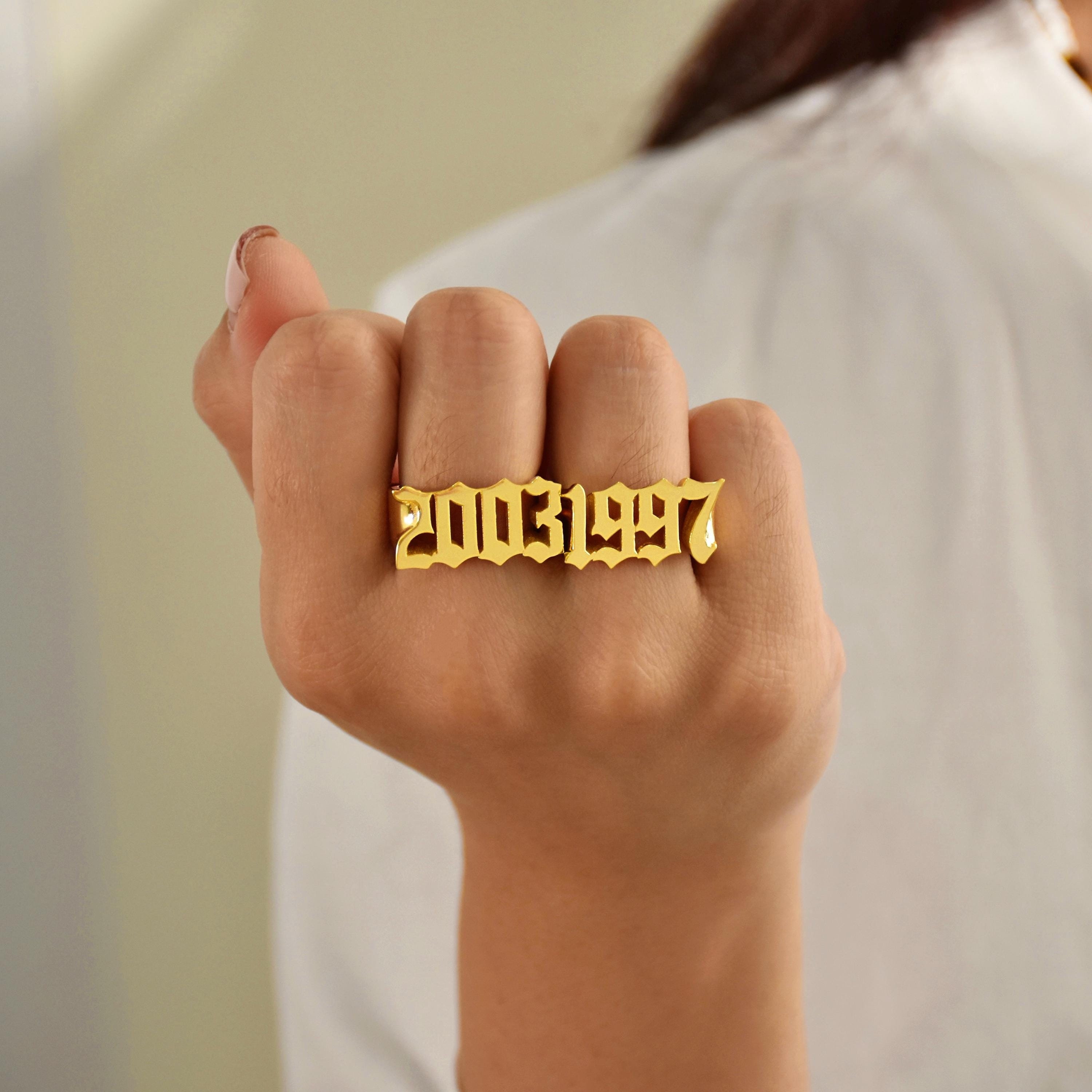 Year Date Number Engraved Ring, Gold Custom Year Ring, Numeral Jewelry ...