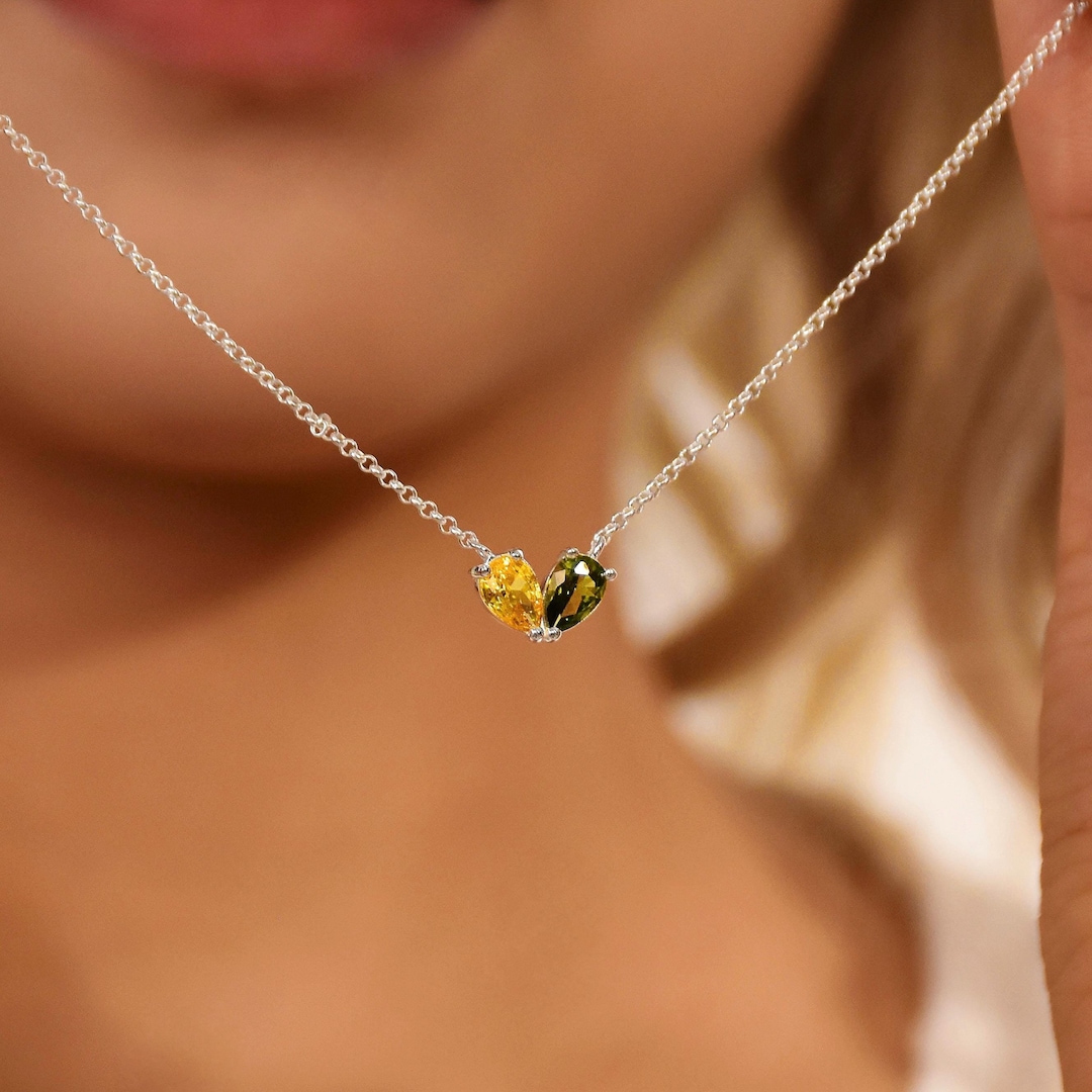 Two Birthstones Necklace, Custom Birthstone Necklace, Heart Birthstone ...