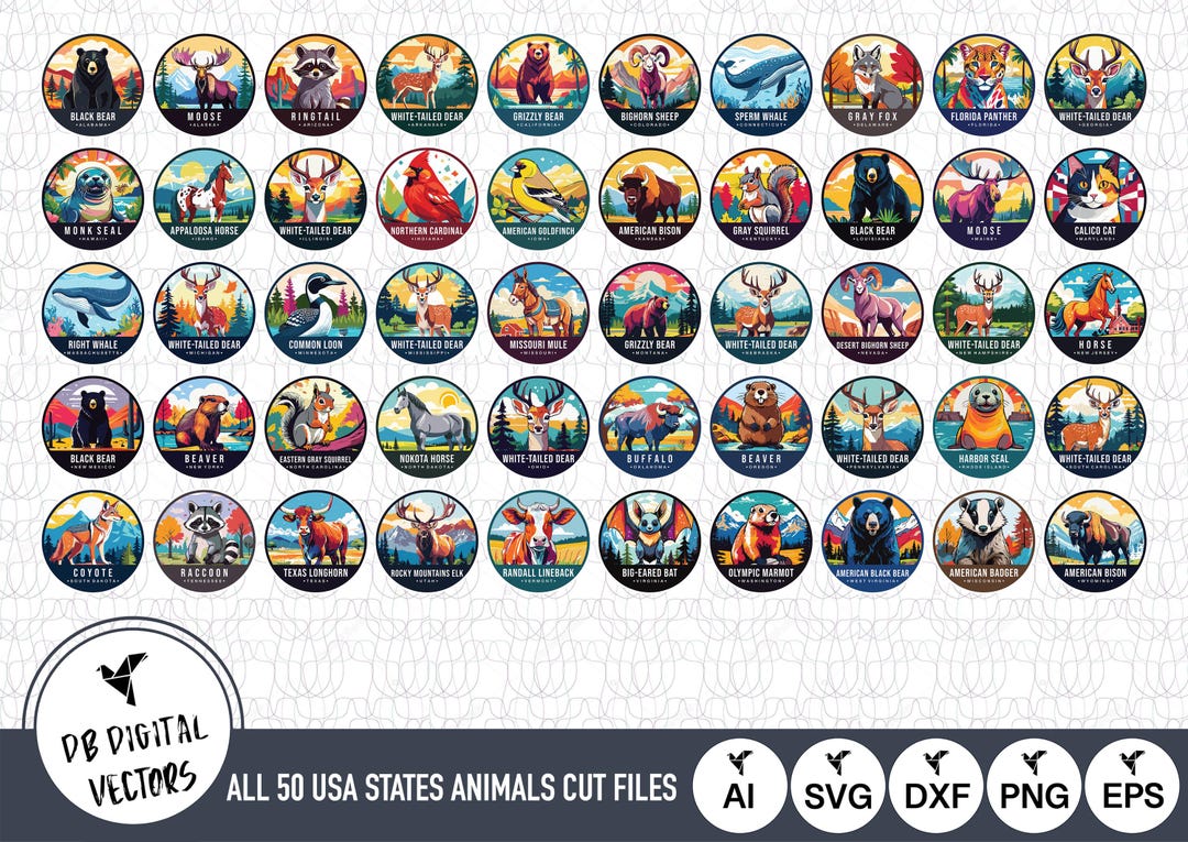 All 50 USA State Animals SVG Cut Files: 50 States Clip Art (digital ...