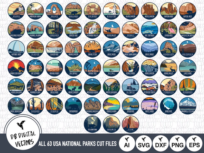 USA National Parks SVG Cut Files: All 63 Parks Clip Art (digital ...